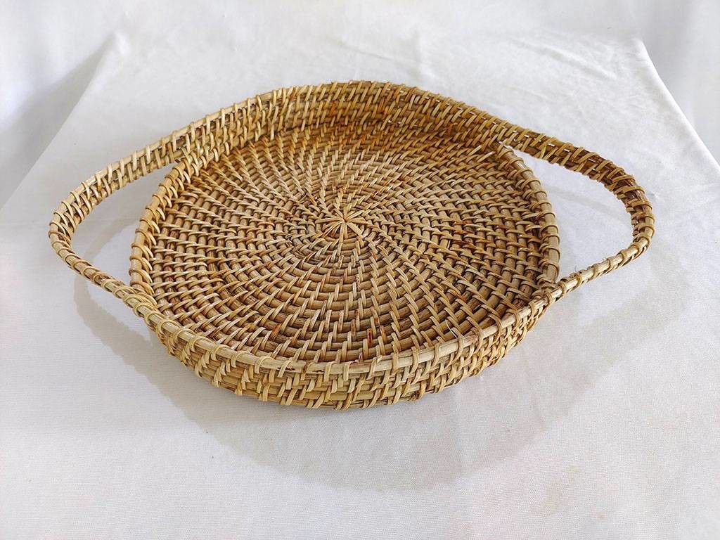 Elegant Handmade Cane round Serving tray with long Handle (#2564)