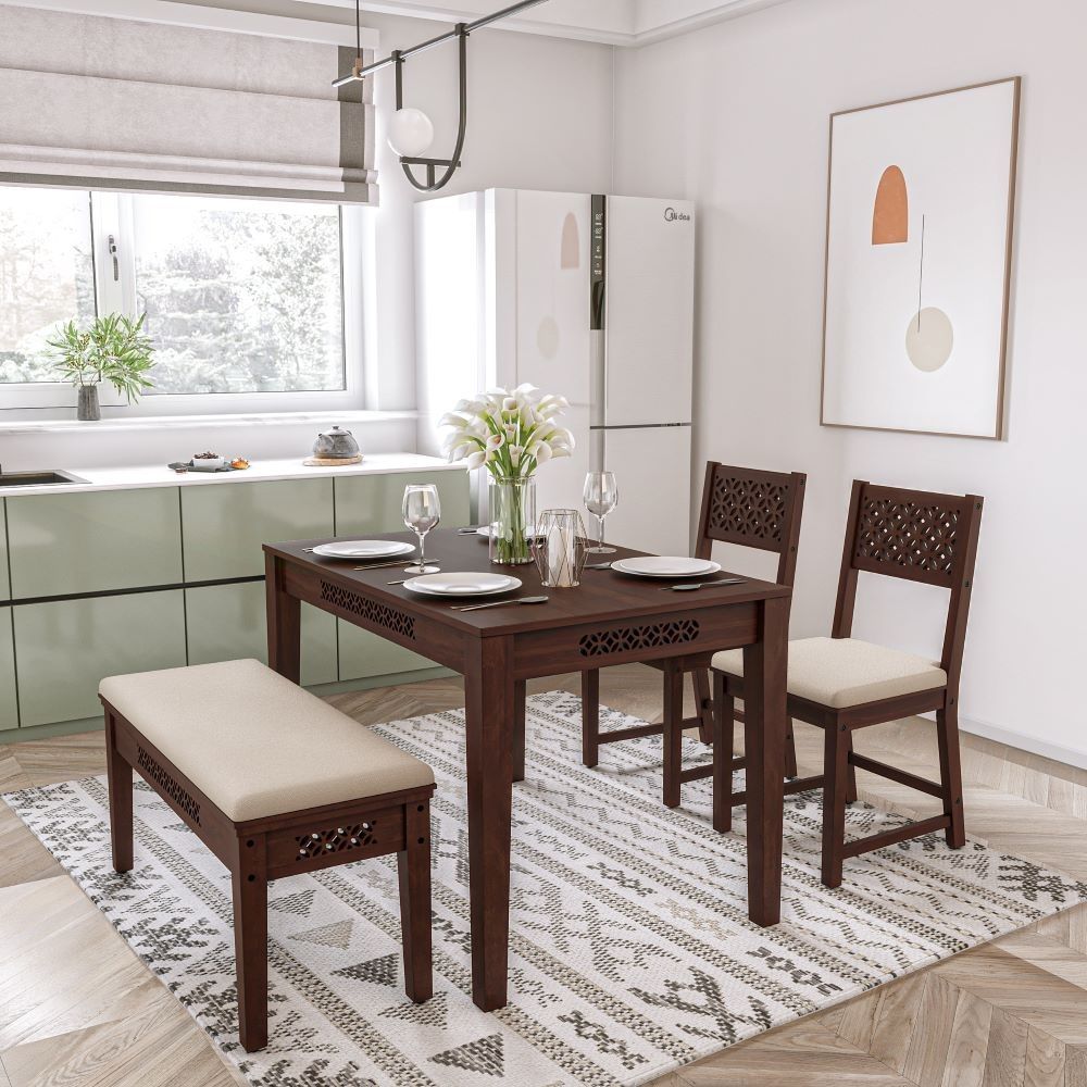 Fanila 4 Seater sheesham wood Dining Set With Cushion Omega Pearl