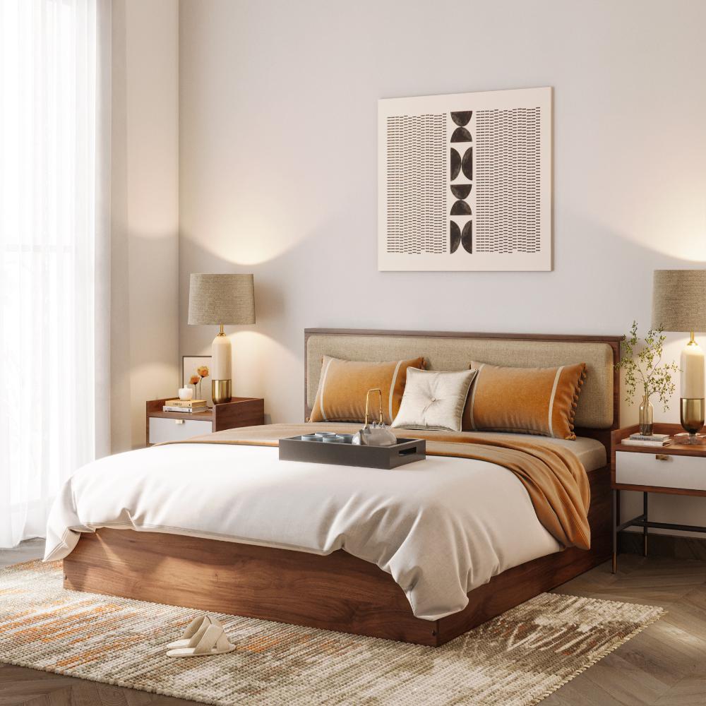 Taurus King Storage Engineered Wood Bed With Omega Pearl Upholstered Headboard
