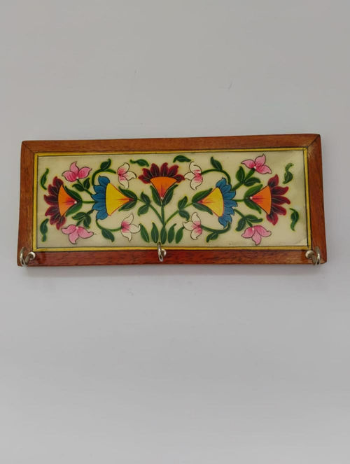 3X7-inch Hand Painted Teak wood & Marble Stone wall hanging Key holder ...