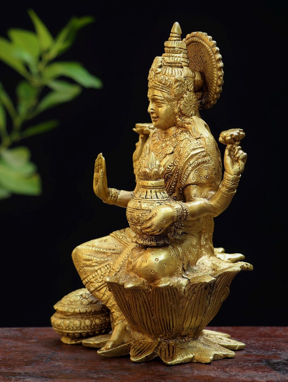 Laksmi sitting on Lotus Golden Brass Statue - Parampara