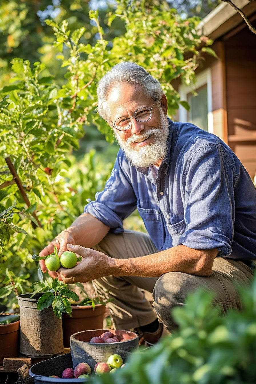 A cheerful man grows fruits in his backyard with a smile of satisfaction.