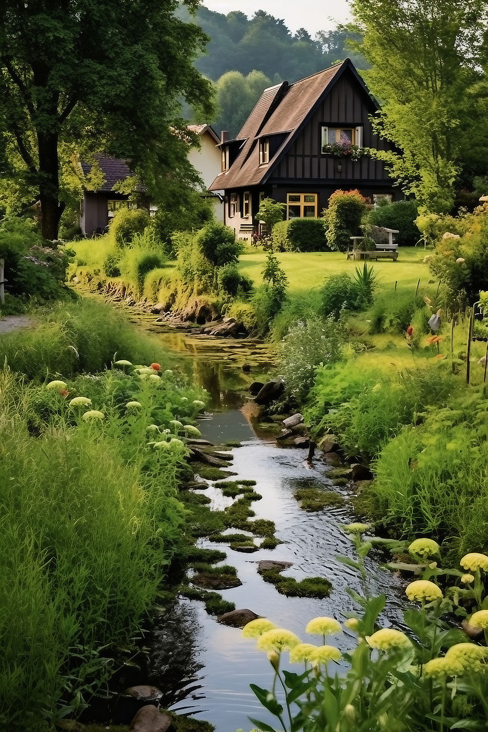 Tranquil Village River with Charming Bog Garden