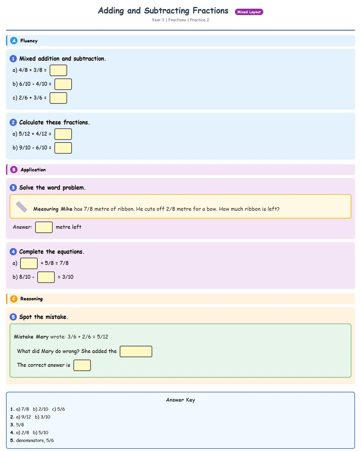 Adding and Subtracting Fractions - Practice 2 - Free P...