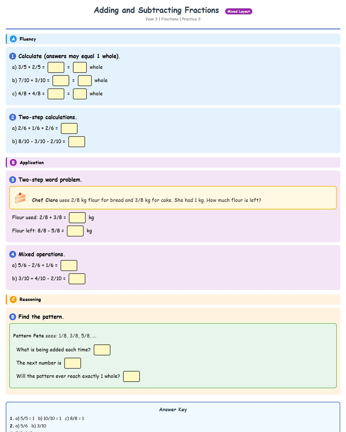 Adding and Subtracting Fractions - Practice 3 - Free P...