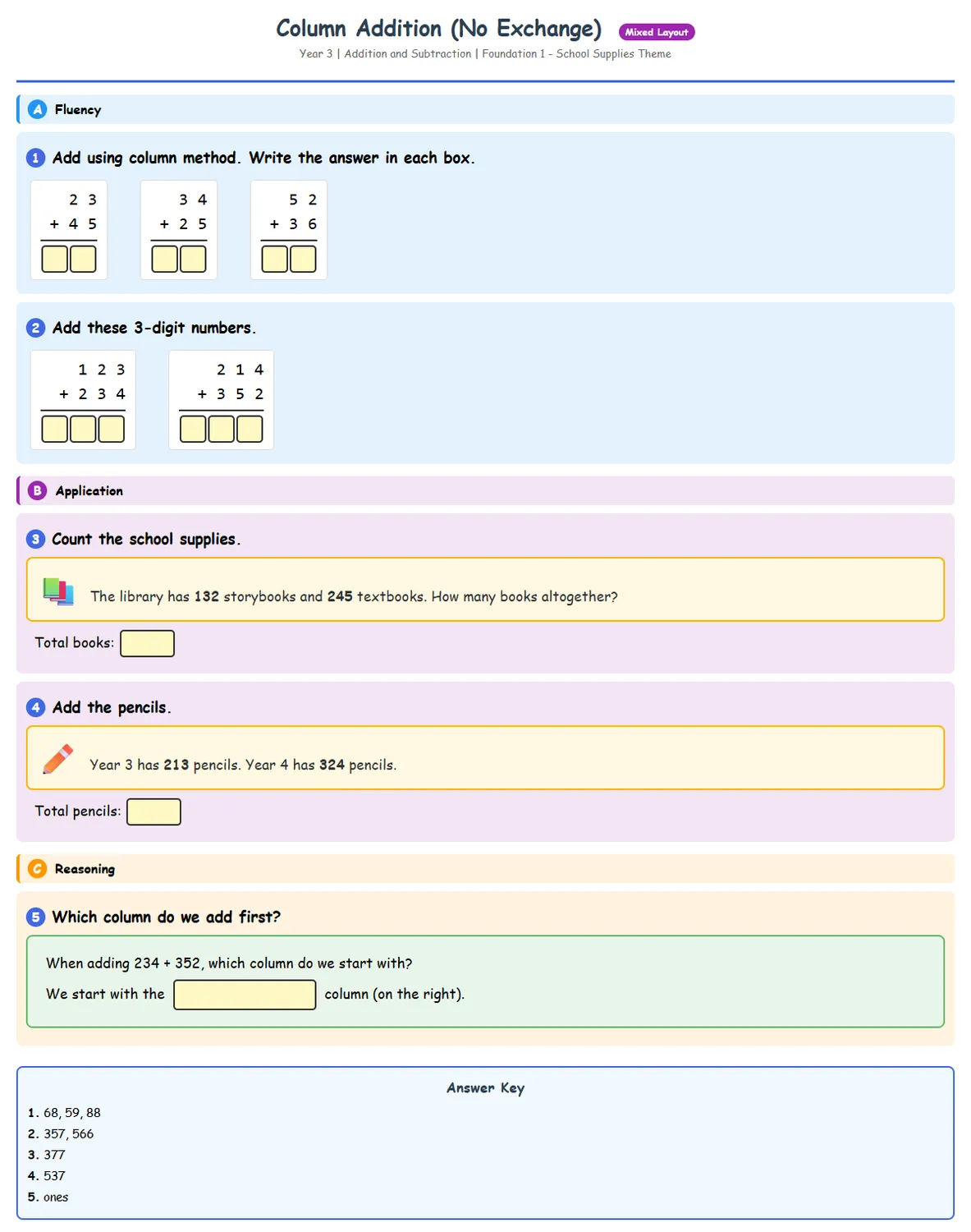Free Year 3 Column Addition No Exchange Worksheet | Math ...