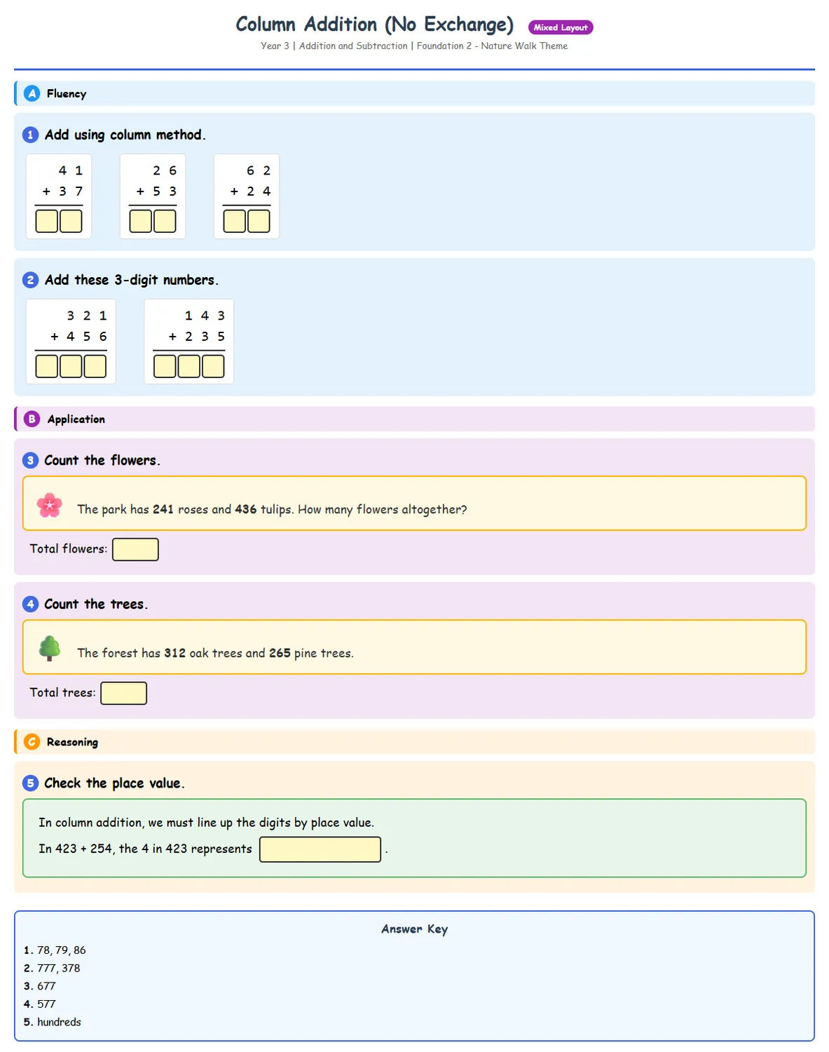 Free Year 3 Column Addition No Exchange Worksheet | Math ...