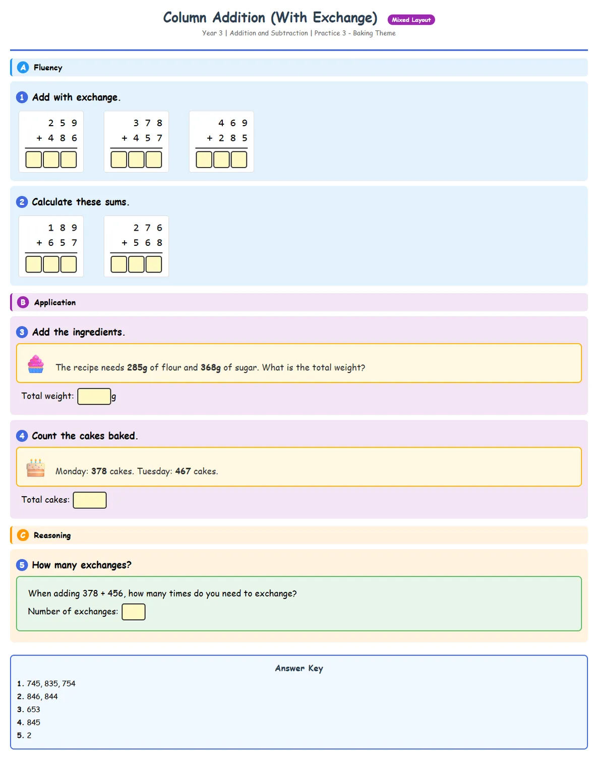 Free Year 3 Column Addition With Exchange Worksheet | Mat...