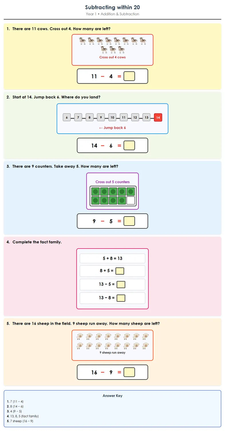 Free Year 1 Subtracting Within 20 Worksheet | Math Printa...
