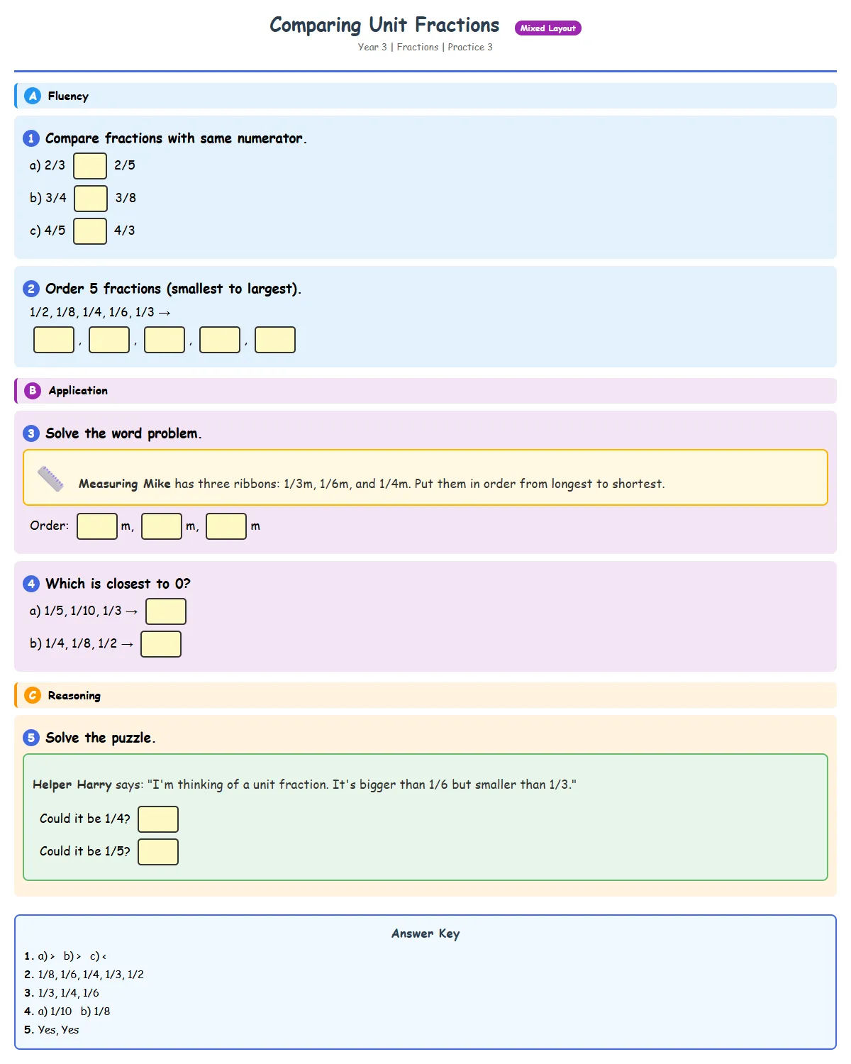 Comparing Unit Fractions - Practice 3 - Free Printable...