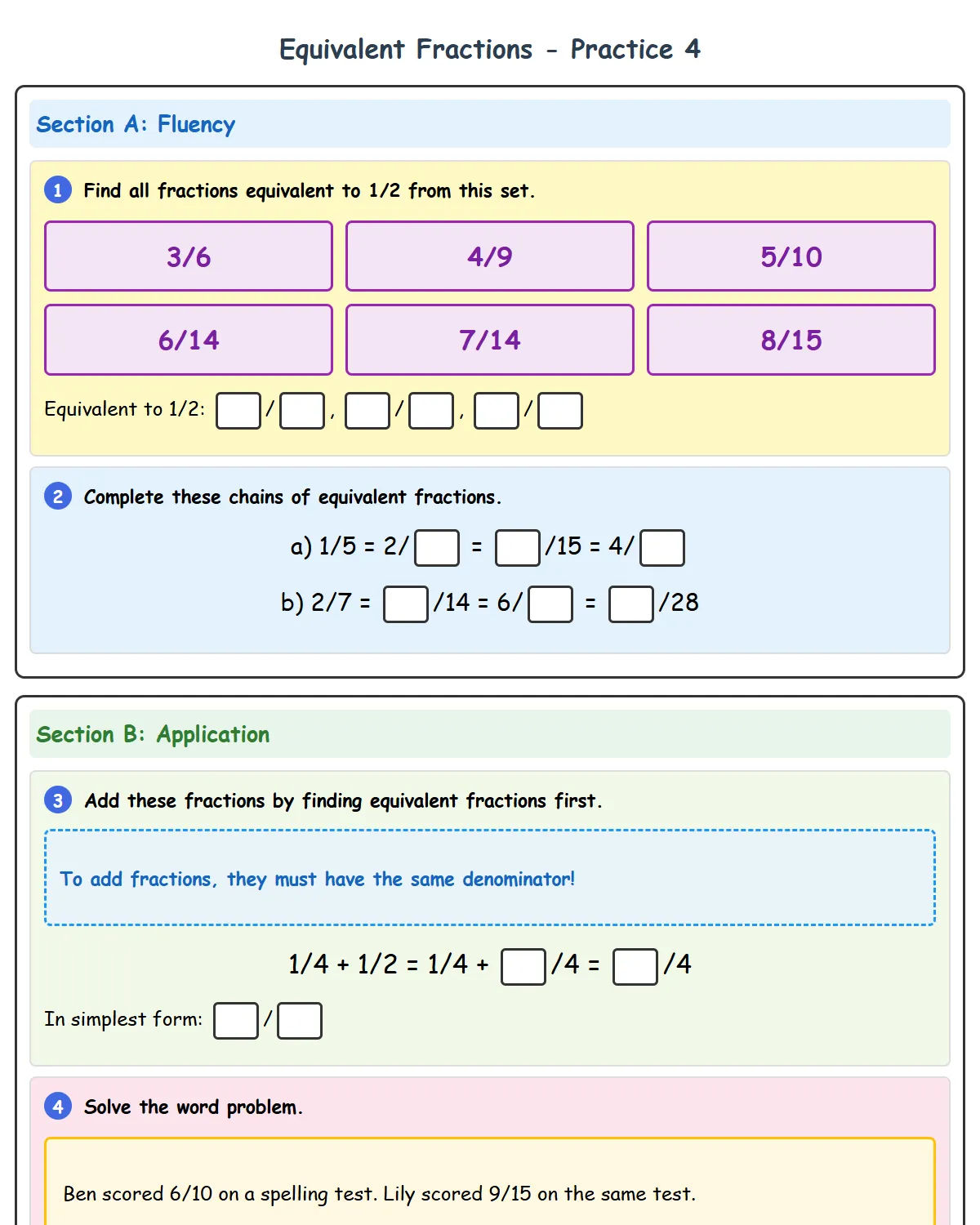 Free Equivalent Fractions Printables for Grade 4 / Year 4