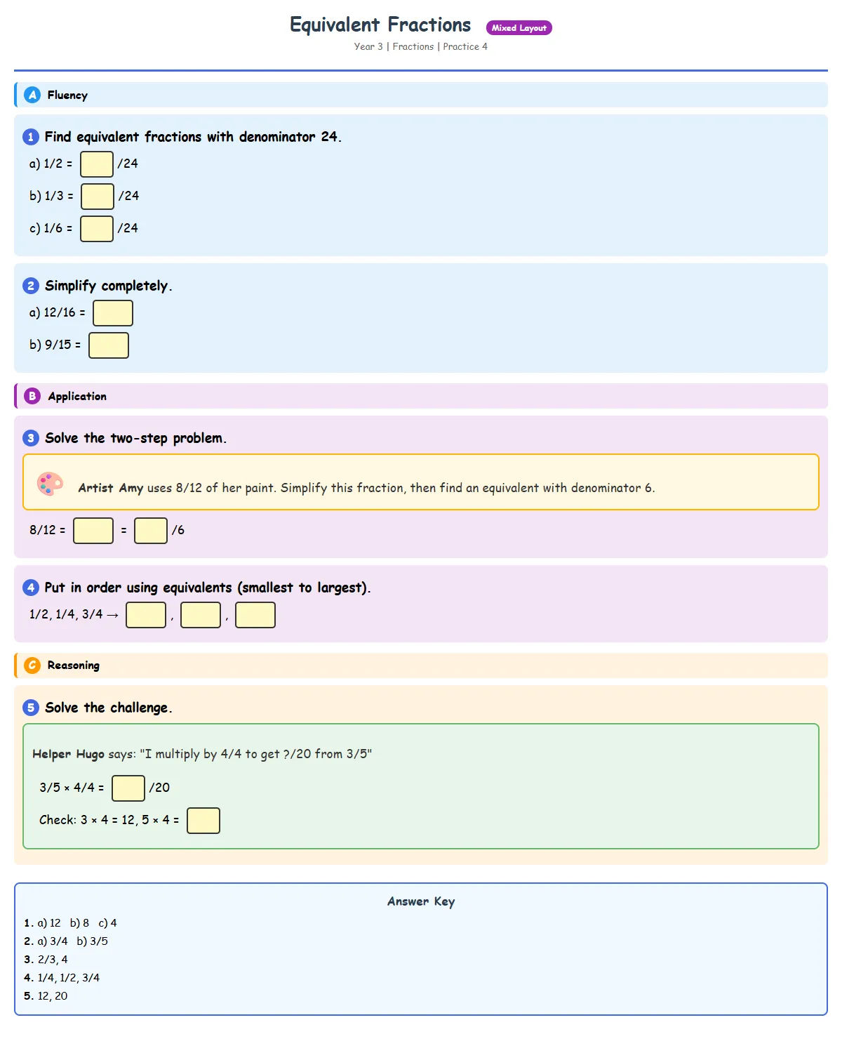 Equivalent Fractions - Practice 4 - Free Printable Yea...
