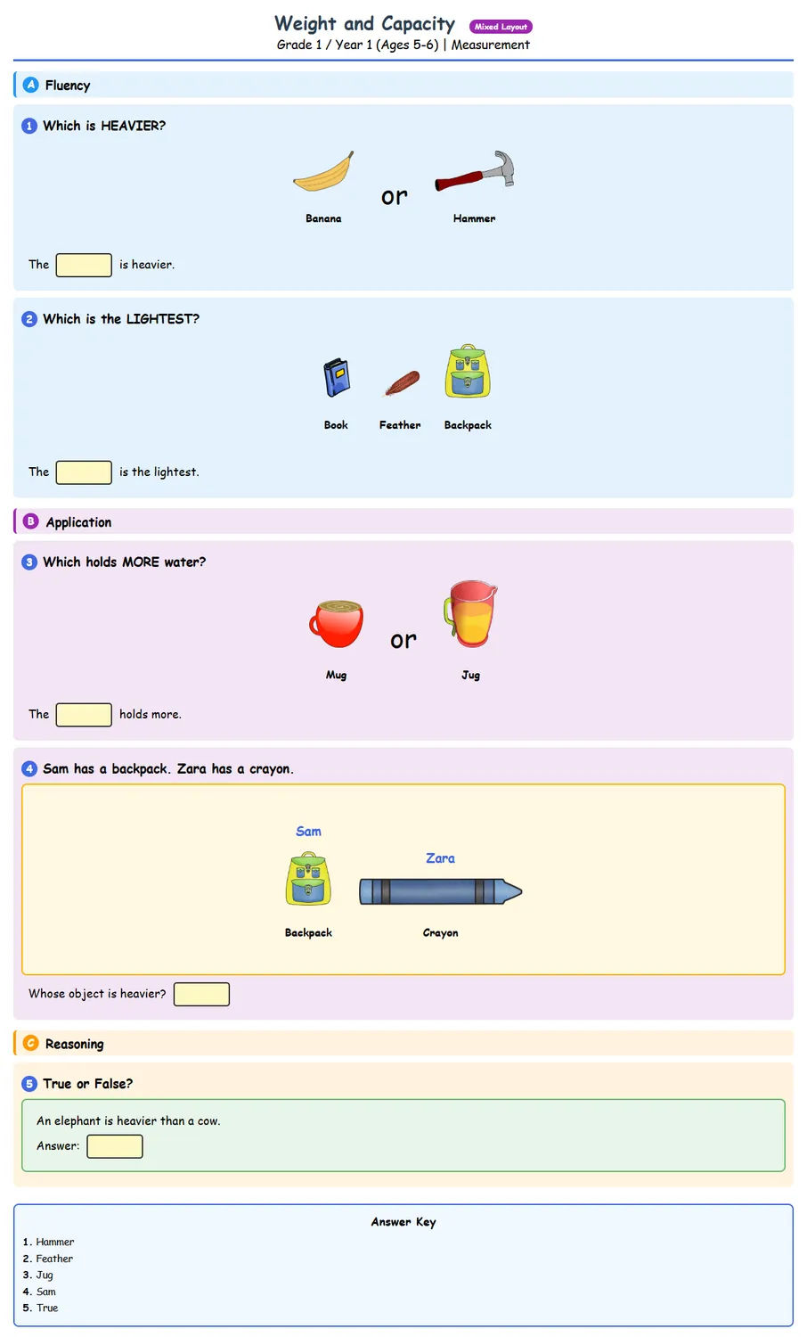 Free Year 1 Weight Capacity Worksheet | Math Printables