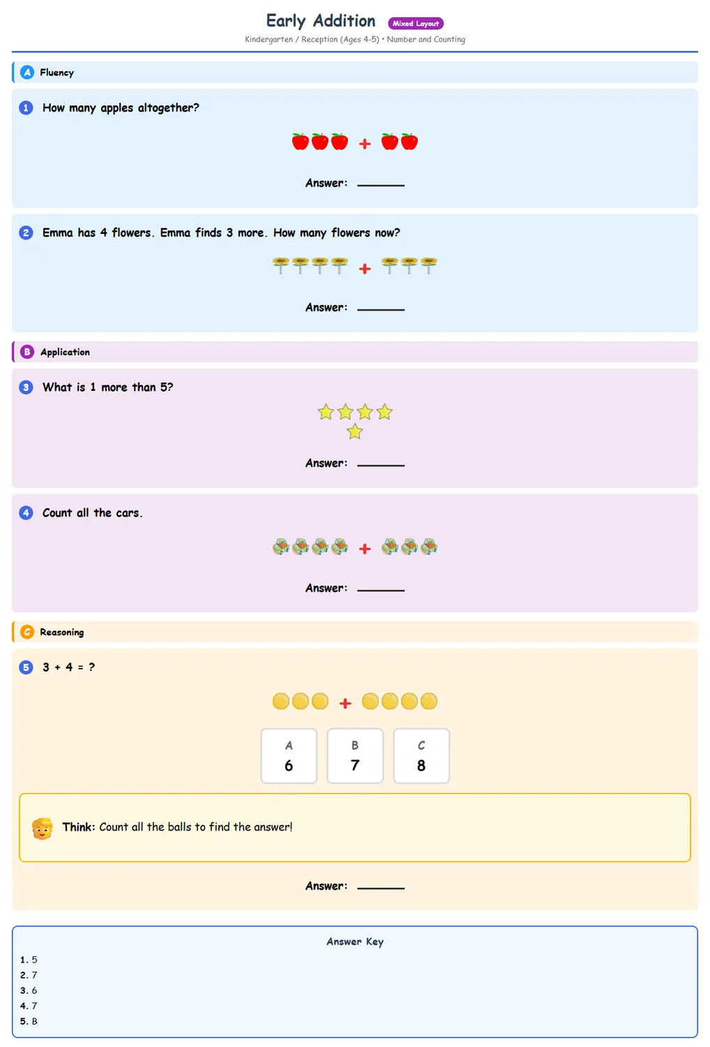 Free Reception Early Addition Worksheet | Math Printables