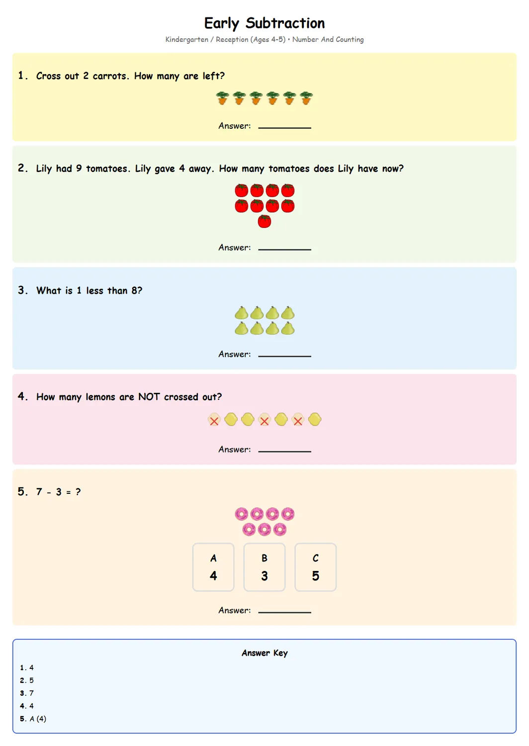 Free Reception Early Subtraction Worksheet | Math Printables