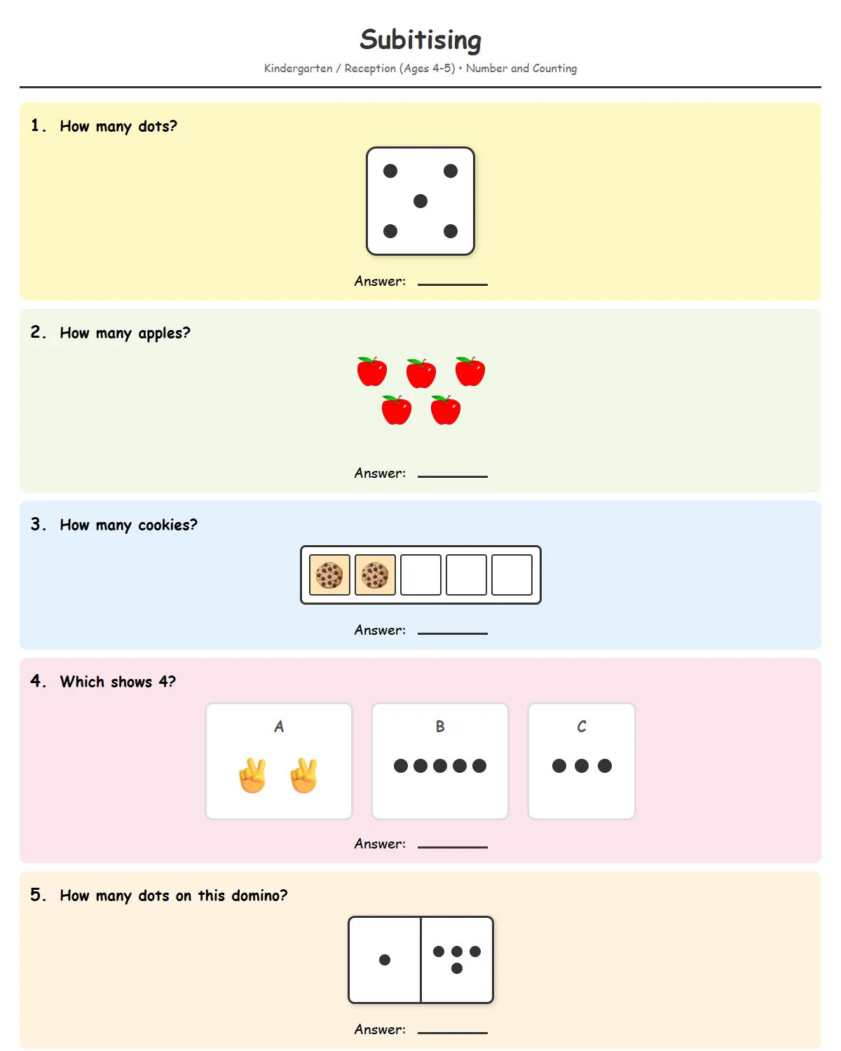 Free Reception Subitising Worksheet | Math Printables