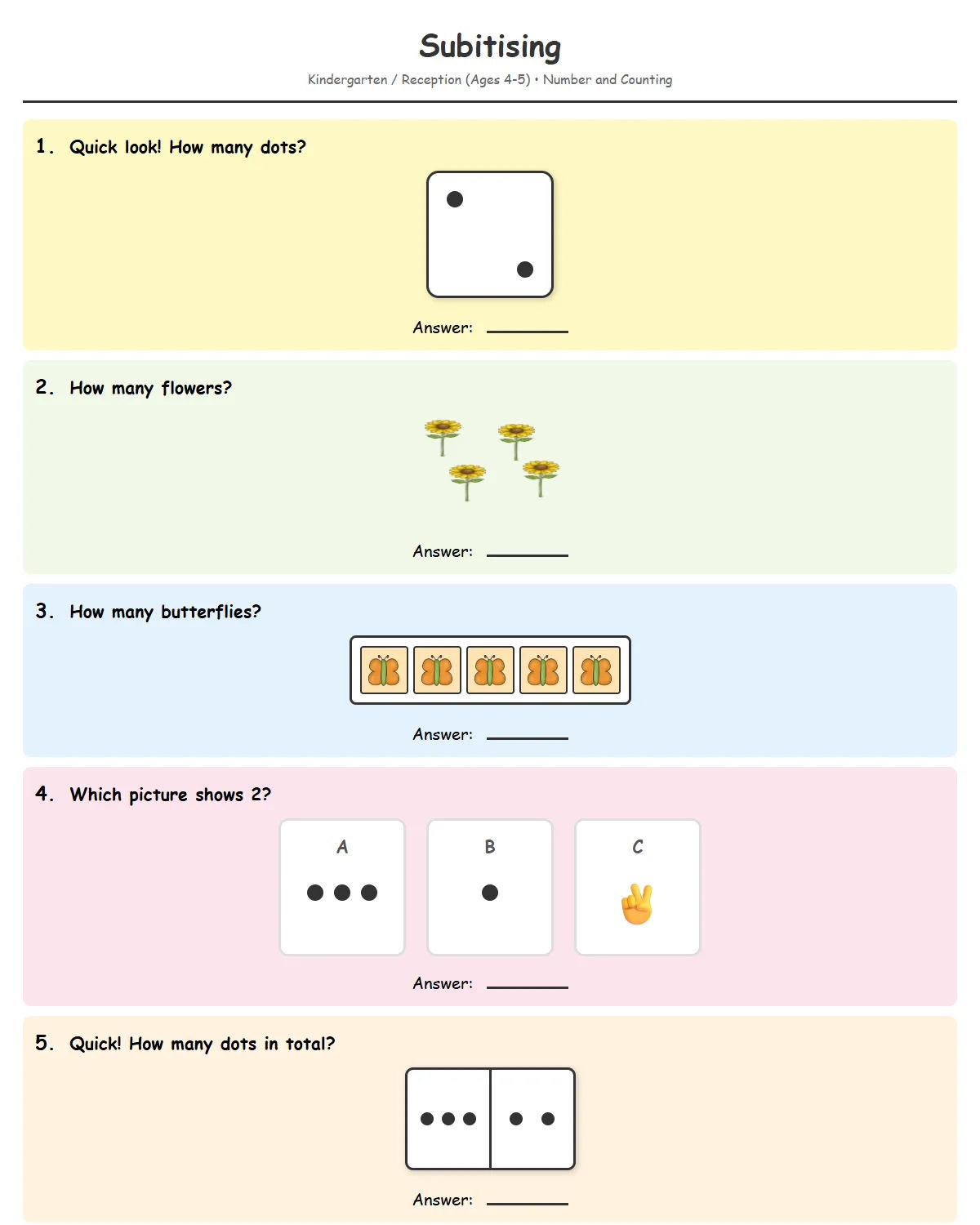 Free Reception Subitising Worksheet | Math Printables