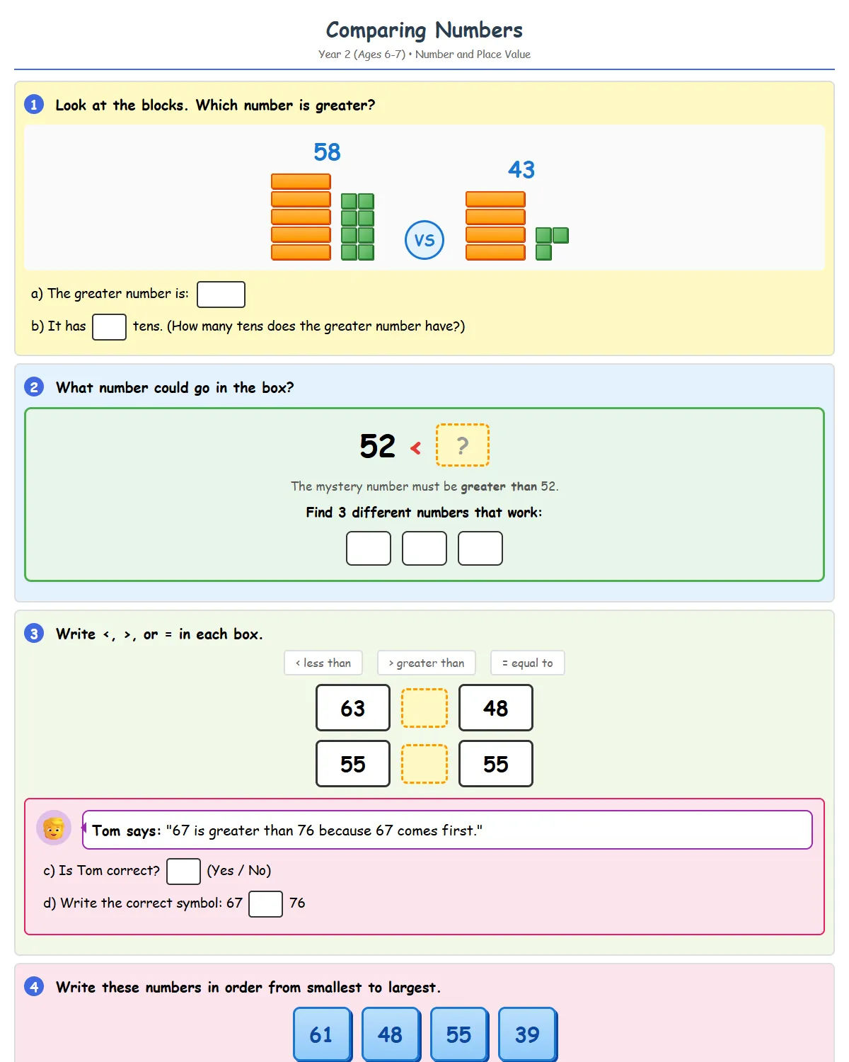 Free Year 2 Comparing Numbers Worksheet | Math Printables