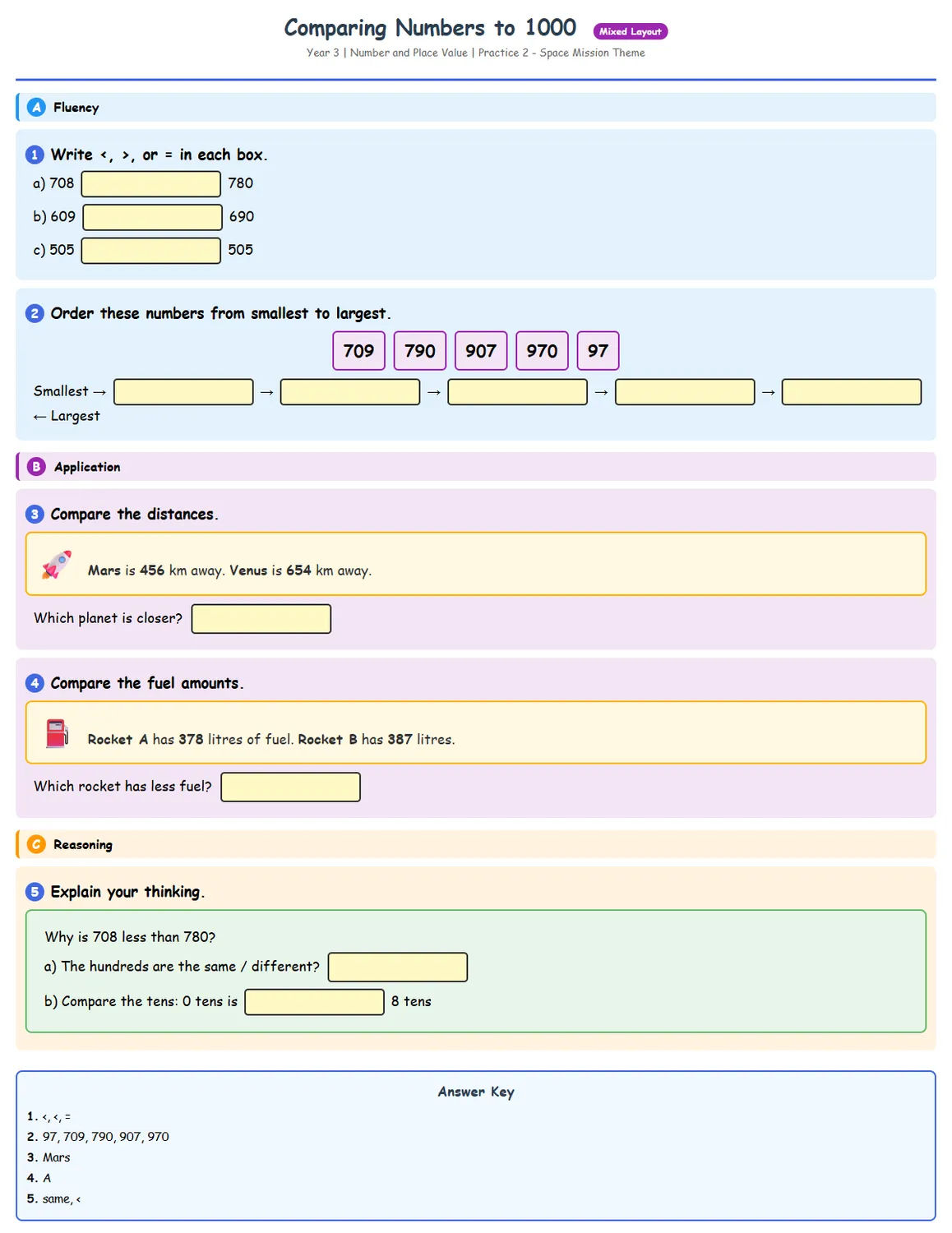 Free Year 3 Comparing To 1000 Worksheet | Math Printables