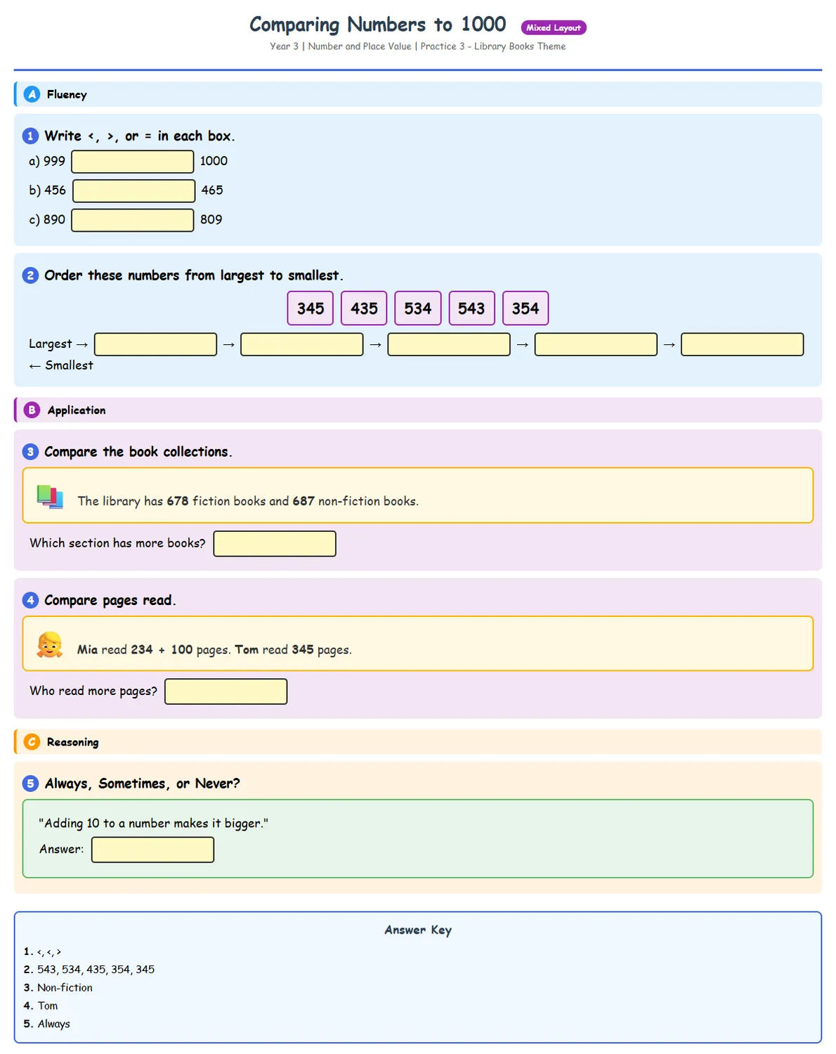 Free Year 3 Comparing To 1000 Worksheet | Math Printables