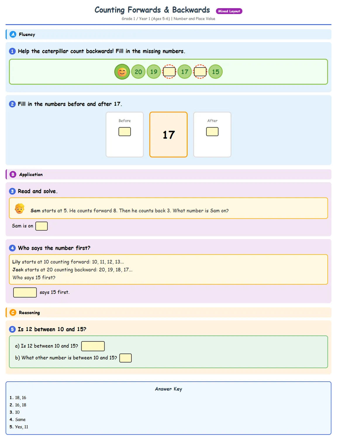 Free Year 1 Counting Forwards Backwards Worksheet | Math ...