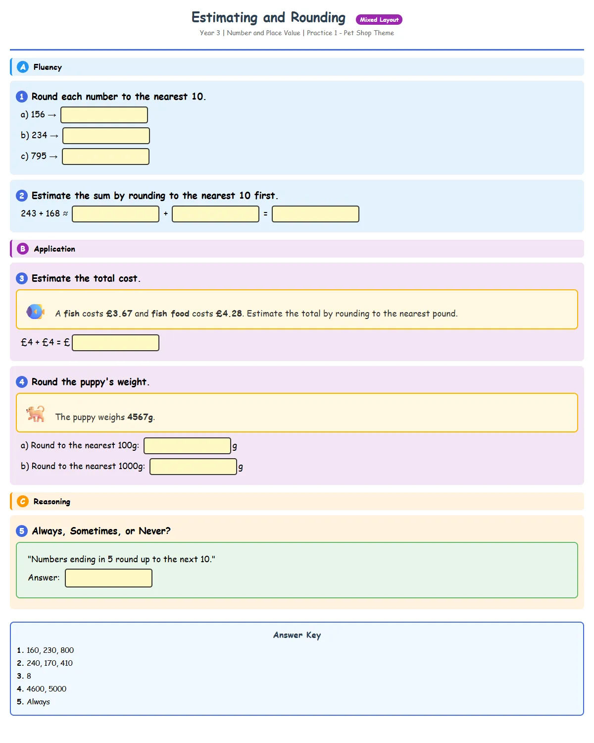 Free Year 3 Estimating Rounding Worksheet | Math Printables