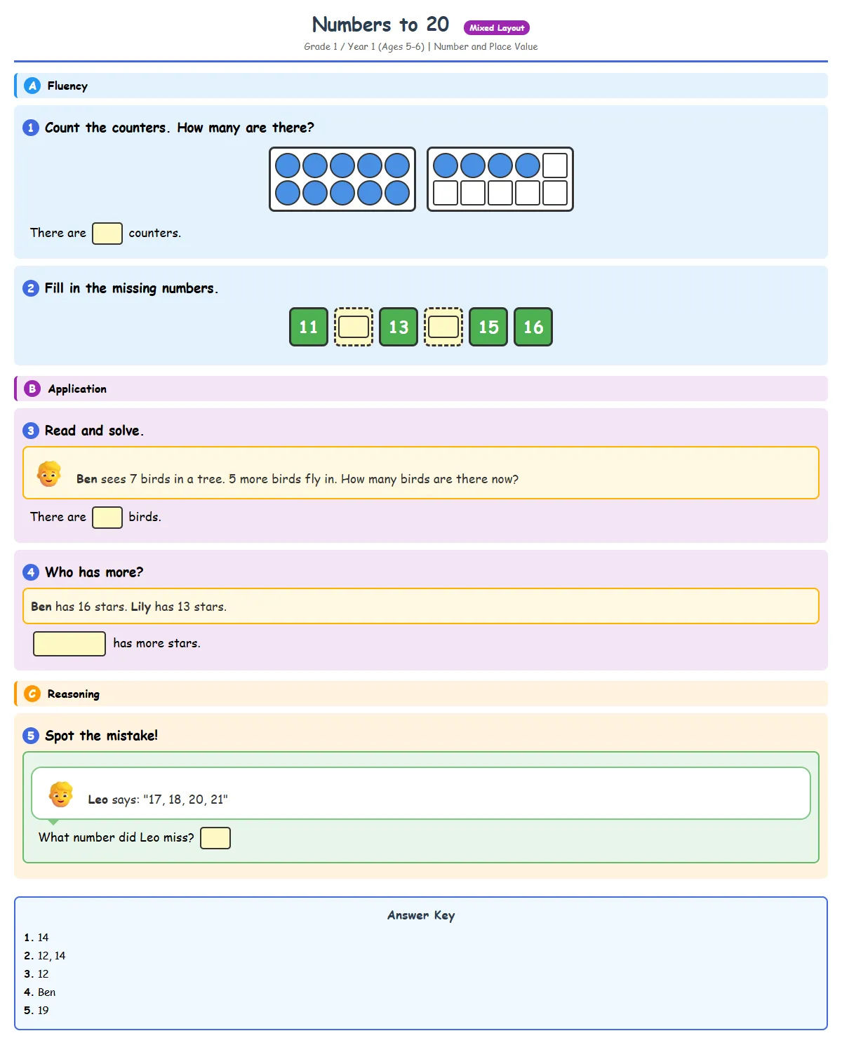Free Year 1 Numbers To 20 Worksheet | Math Printables