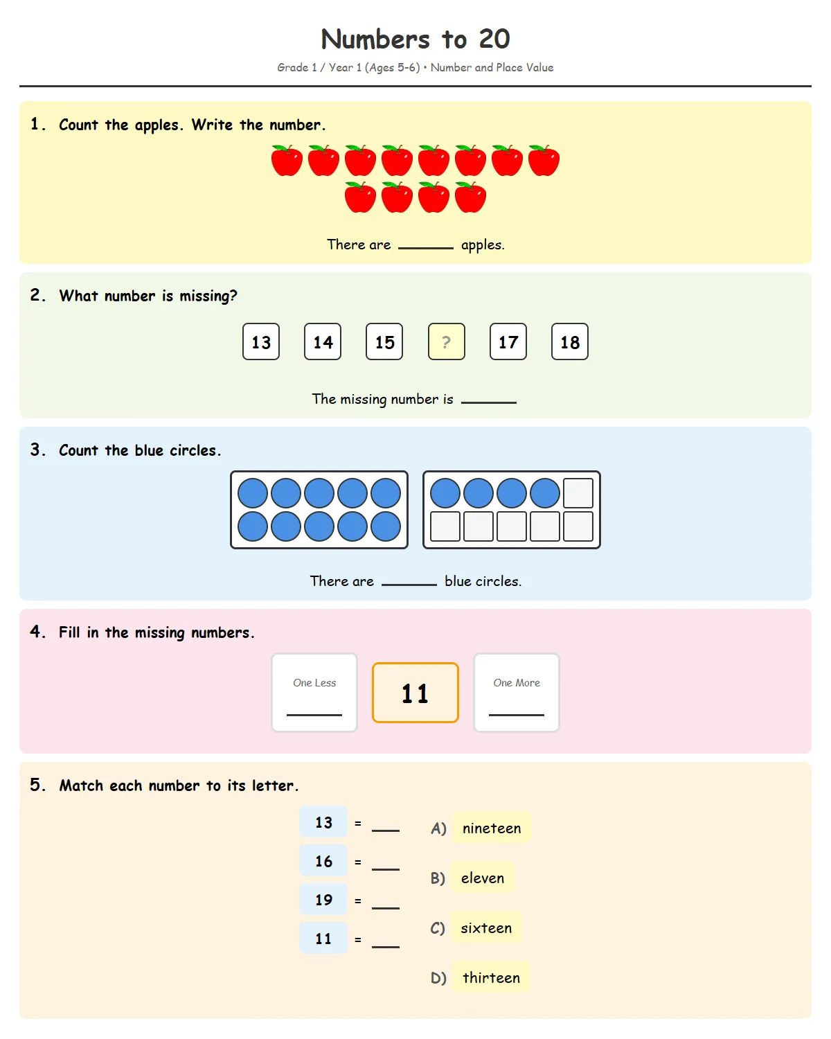 Free Year 1 Numbers To 20 Worksheet | Math Printables