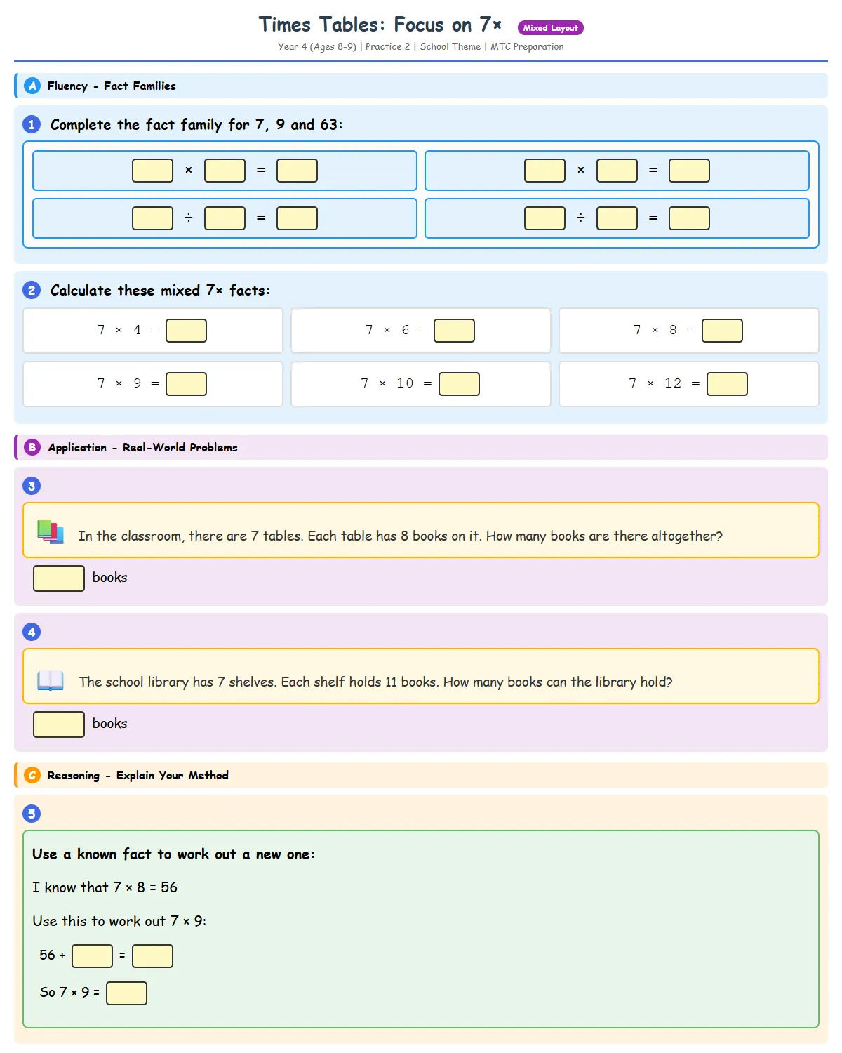 Times Tables: 7× Practice - School Theme - Free Printa...
