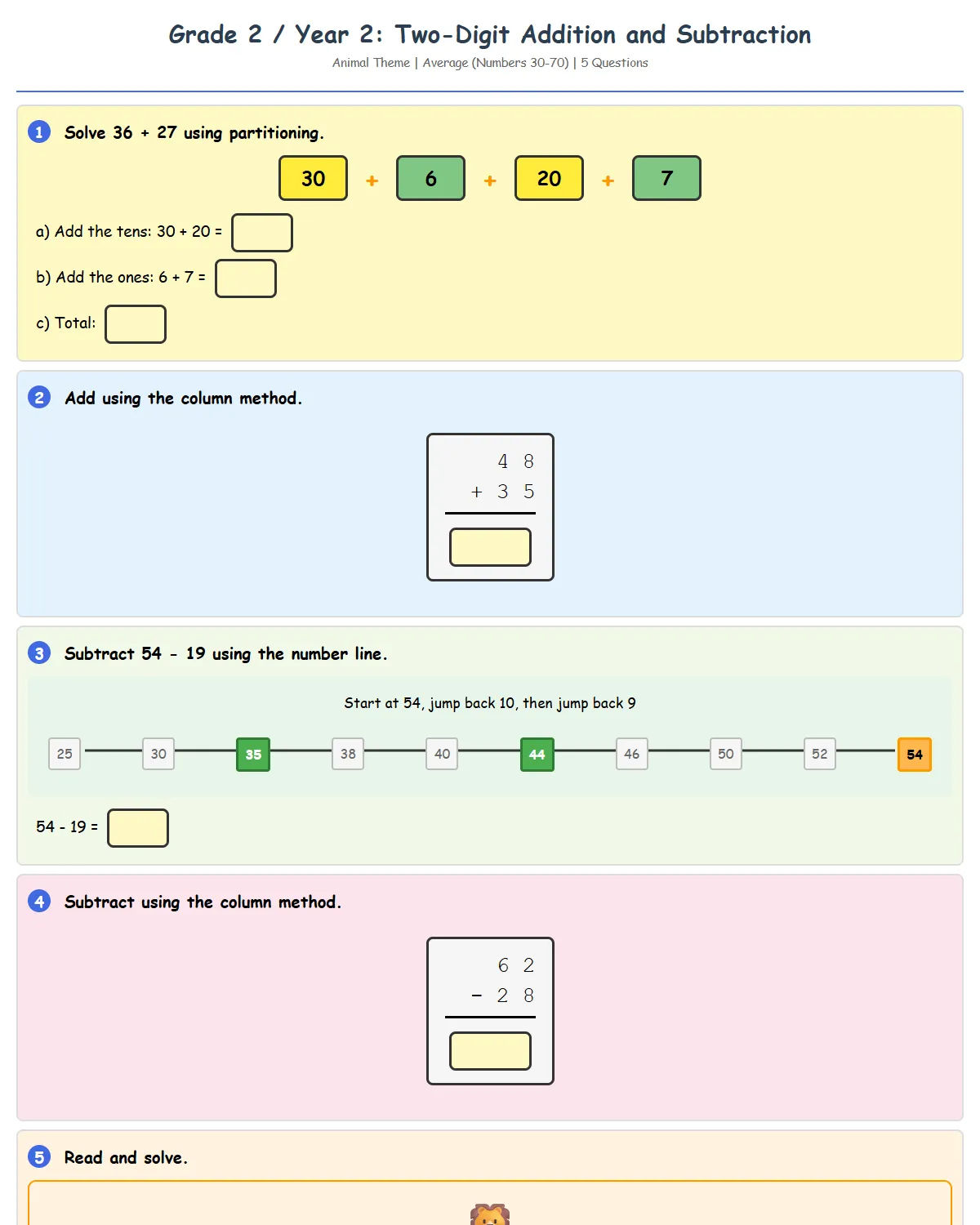 Year 2 Two-Digit animals Worksheet