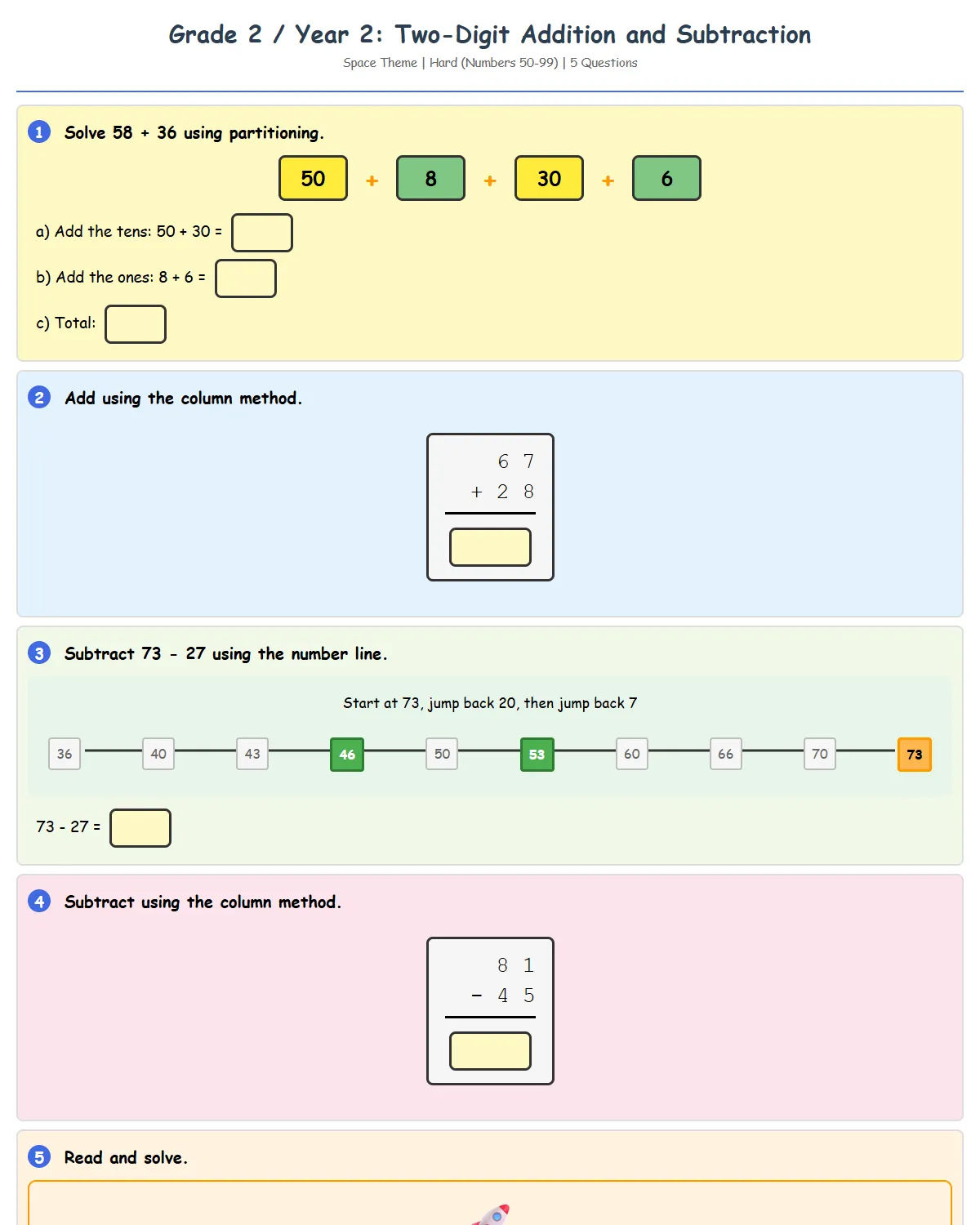 Year 2 Two-Digit space Worksheet