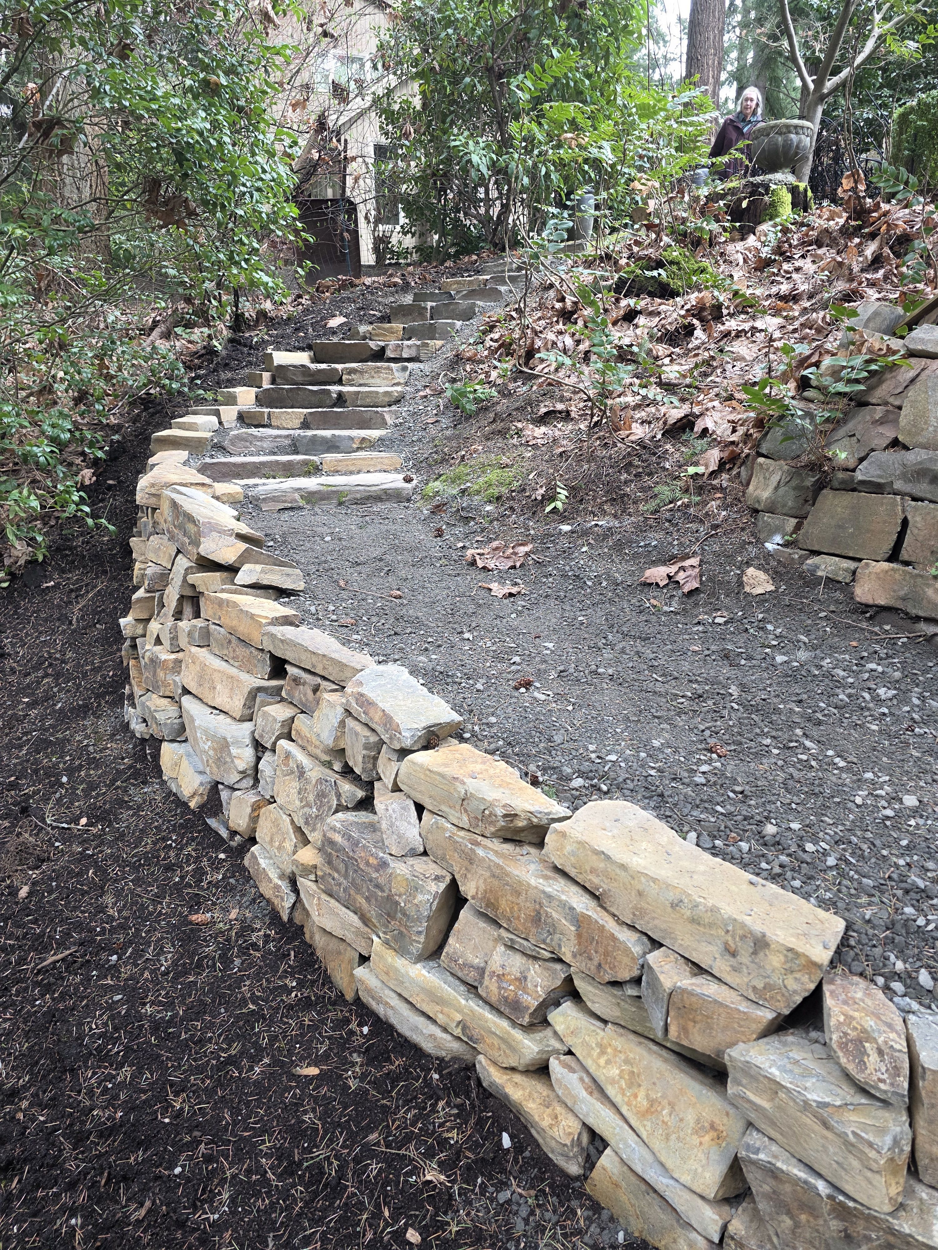 Drystack Ledgestone Wall and Stone Steps Into a Forested Yard | Plan-It ...