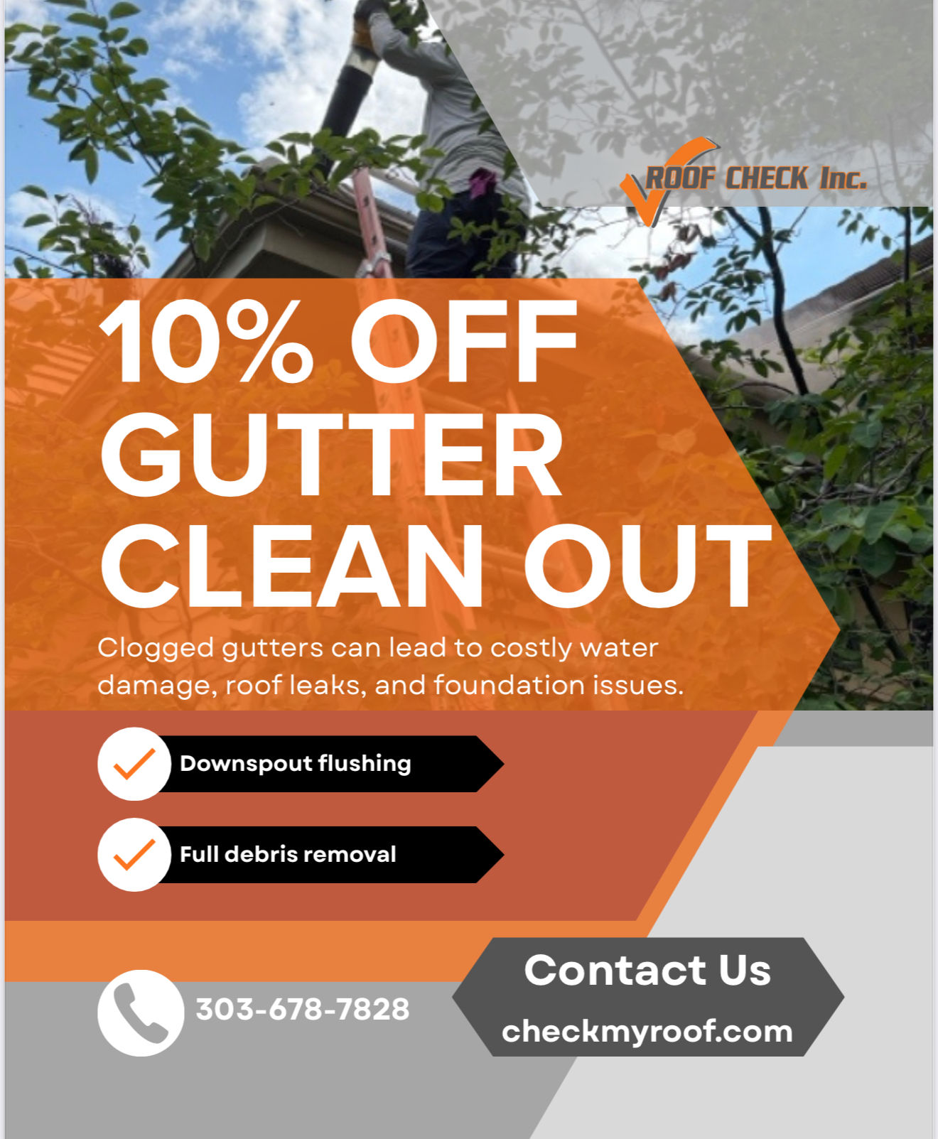 Get 10% Off on Our Gutter Clean Out Services | Roof Check Inc