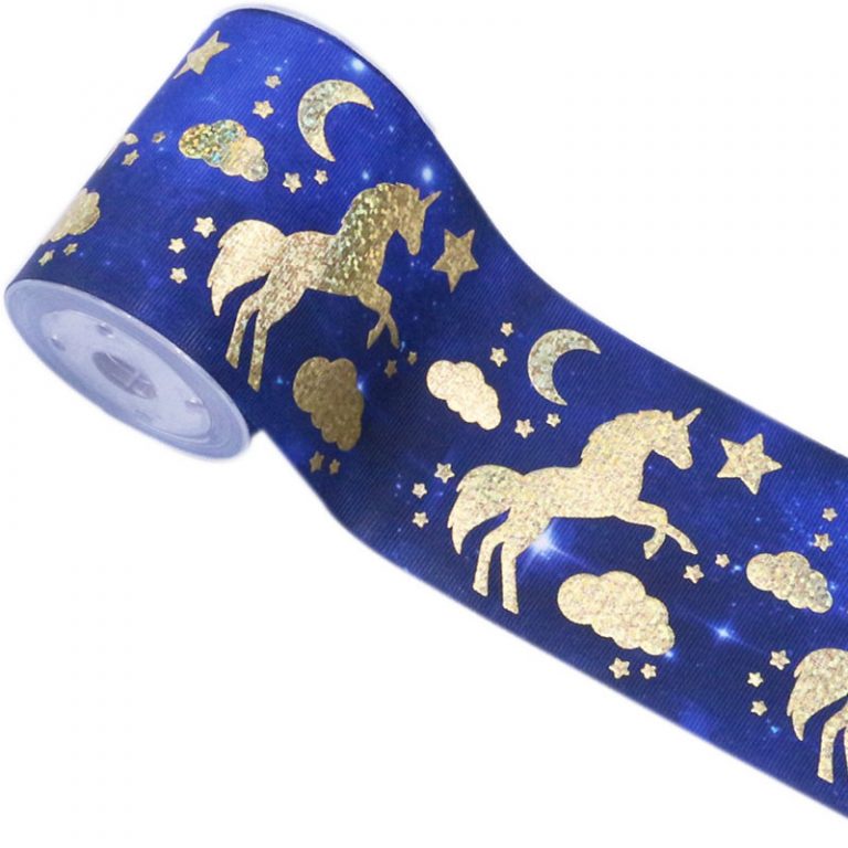 3 inch 75mm wide custom gold foil unicorn printed grosgrain ribbon