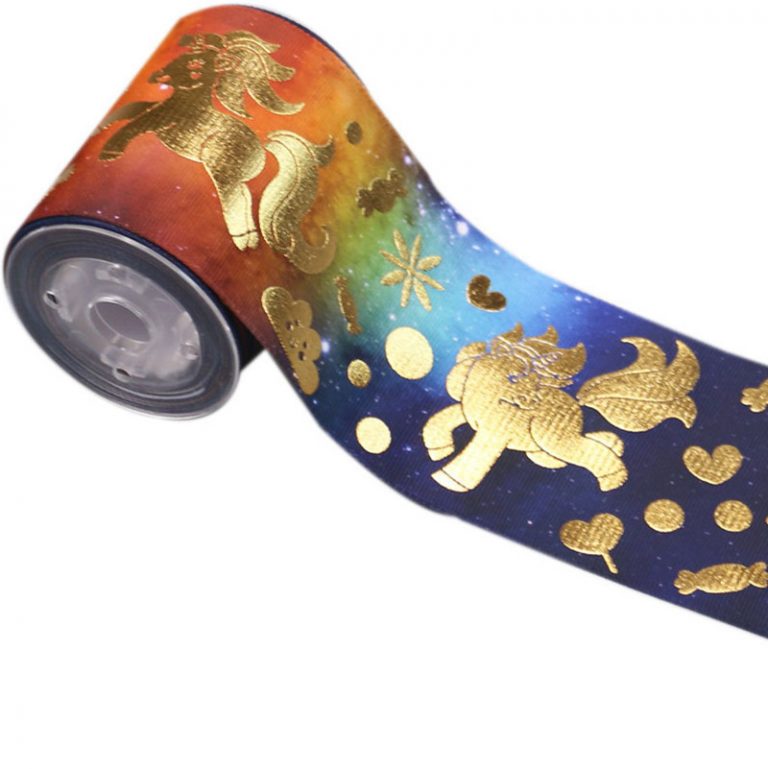 3 inch 75mm wide custom gold foil unicorn printed grosgrain ribbon