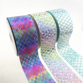 75 mm Fish Scale Rainbow Laser Gold&Silver Foil Print Grosgrain Ribbon