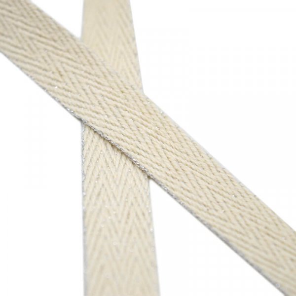 5/8 Organic Natural Cotton Herringbone Ribbon With Silver Matallic String