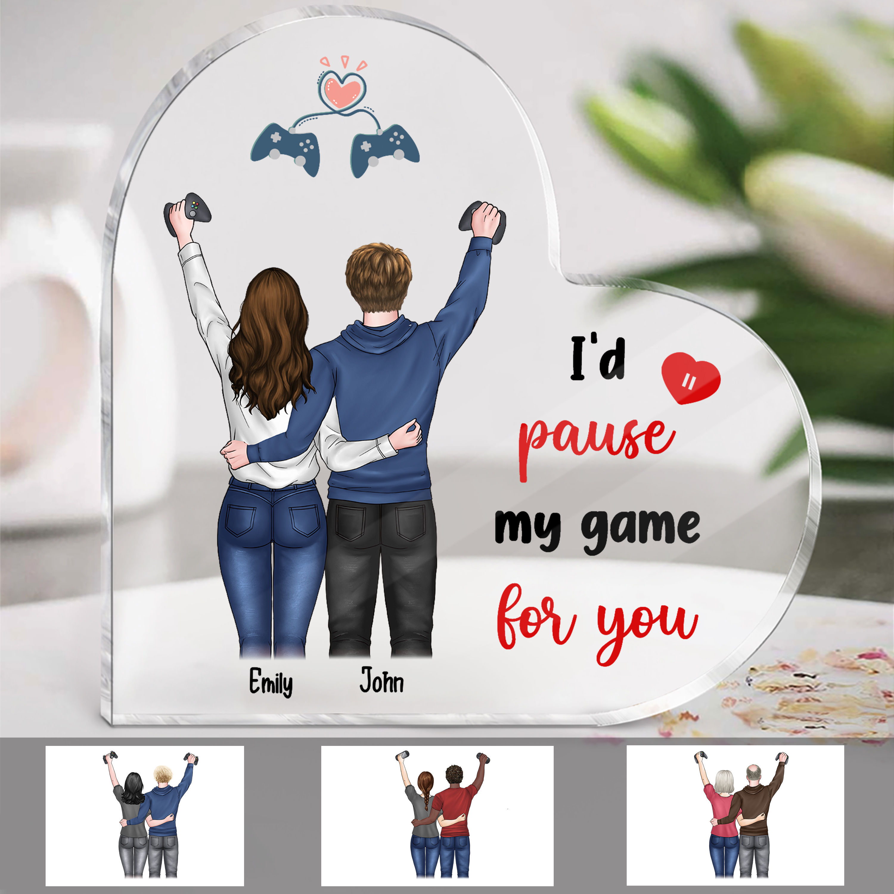 Heart Transparent Plaque - Couple - I'd pause my game for you