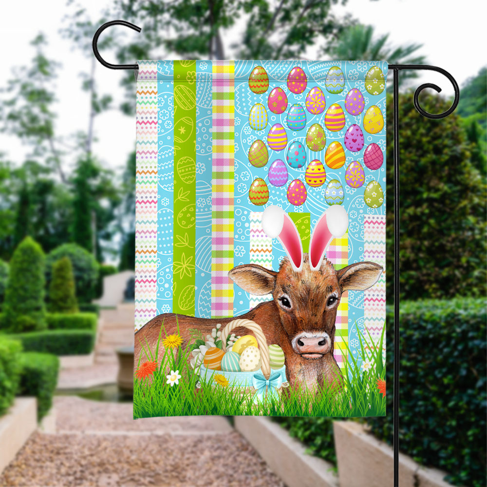 Happy Easter - Cow Easter Flag Funny Cow Wreath Spring Garden Flag ...