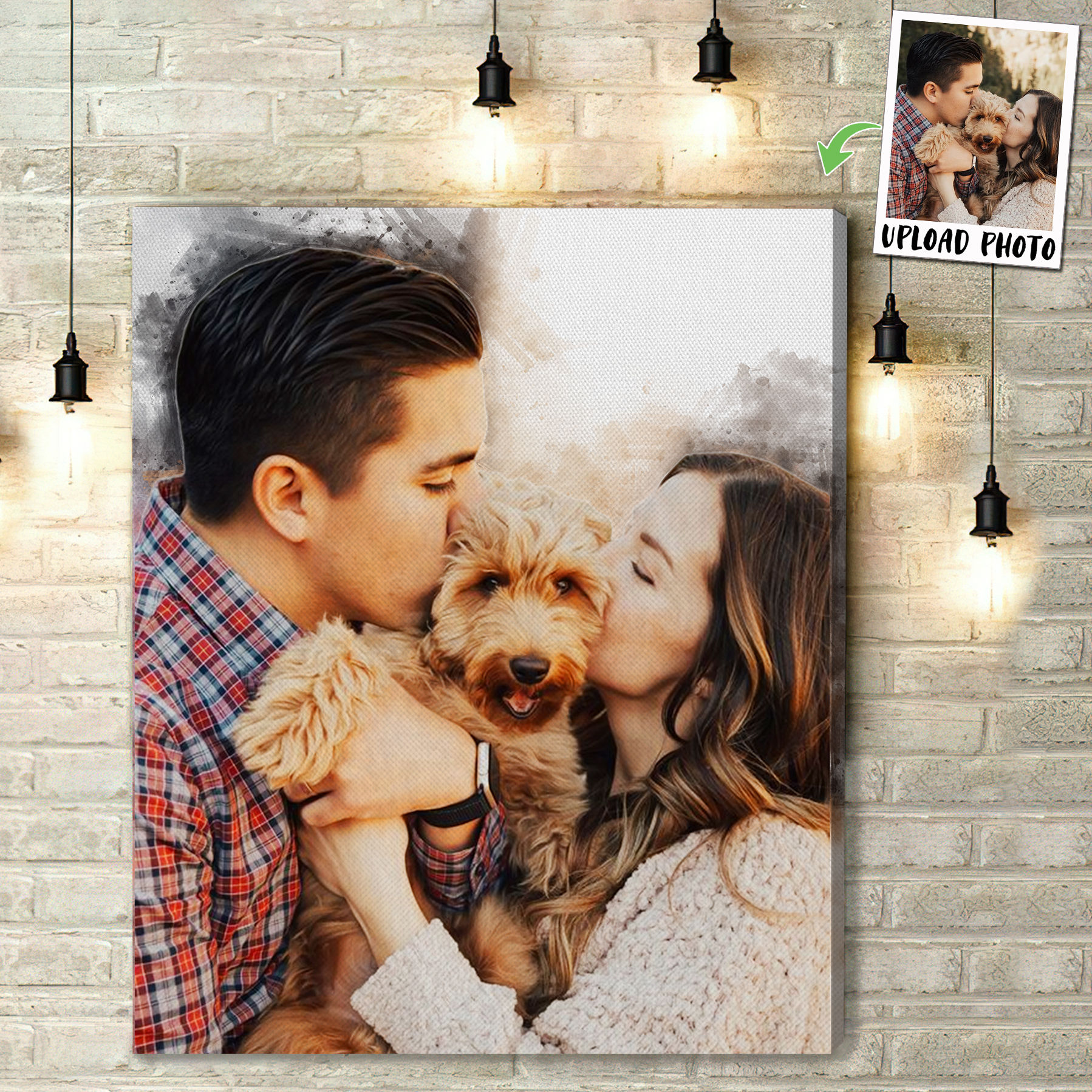 Portrait Wrapped Canvas - Couple and Pets Canvas - Watercolor Portrait ...