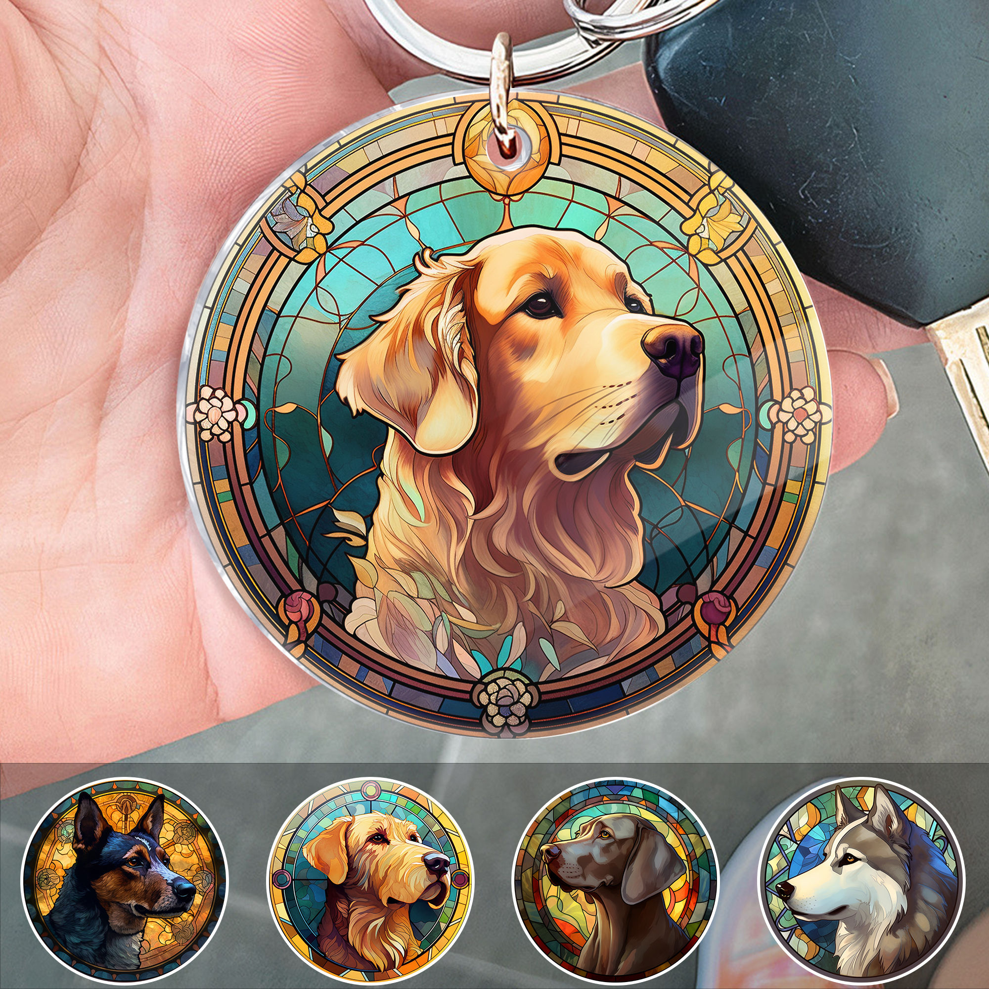 Dog Lover Gifts - Dog Breeds Stianed Glass Hand Draw - Acrylic Keychain ...