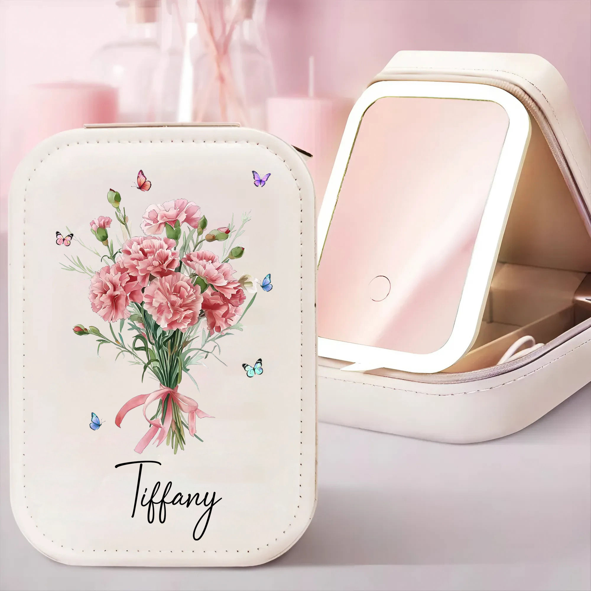 Personalized Makeup Box With LED Mirror - Birthmonth Flower With Name ...