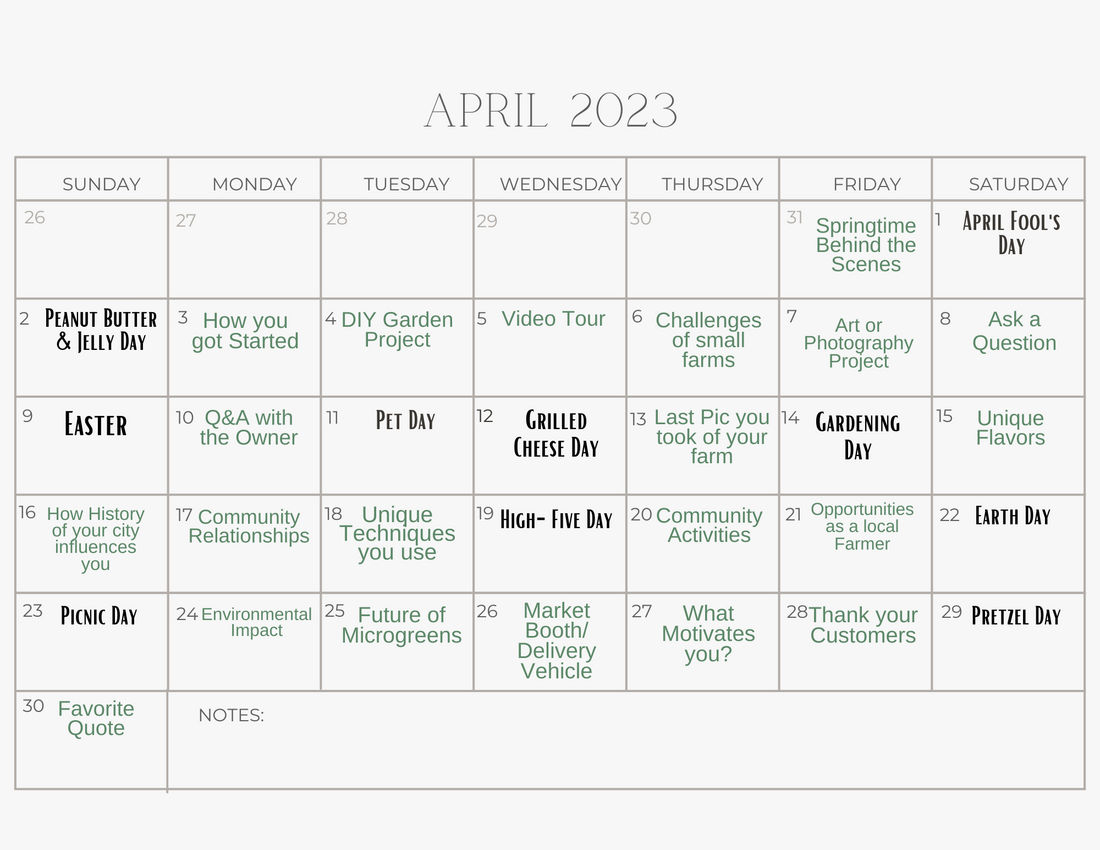 April 2023 Microgreen Themed Social Media Calendar