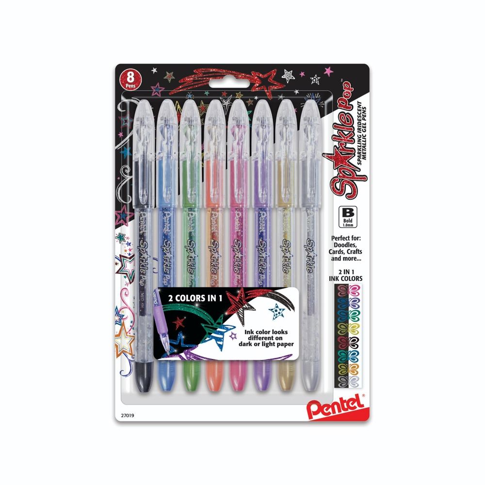 Pentel Sparkle Pop Metallic Gel Pen, (1.0Mm) Bold Line, Assorted Ink 8/Pack