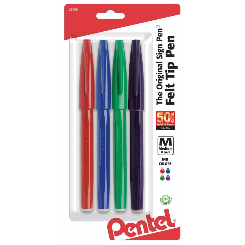 Pentel Sign Pen Assorted (B/C/D/V) Ink 4-Pk , Red Card 1 Ea