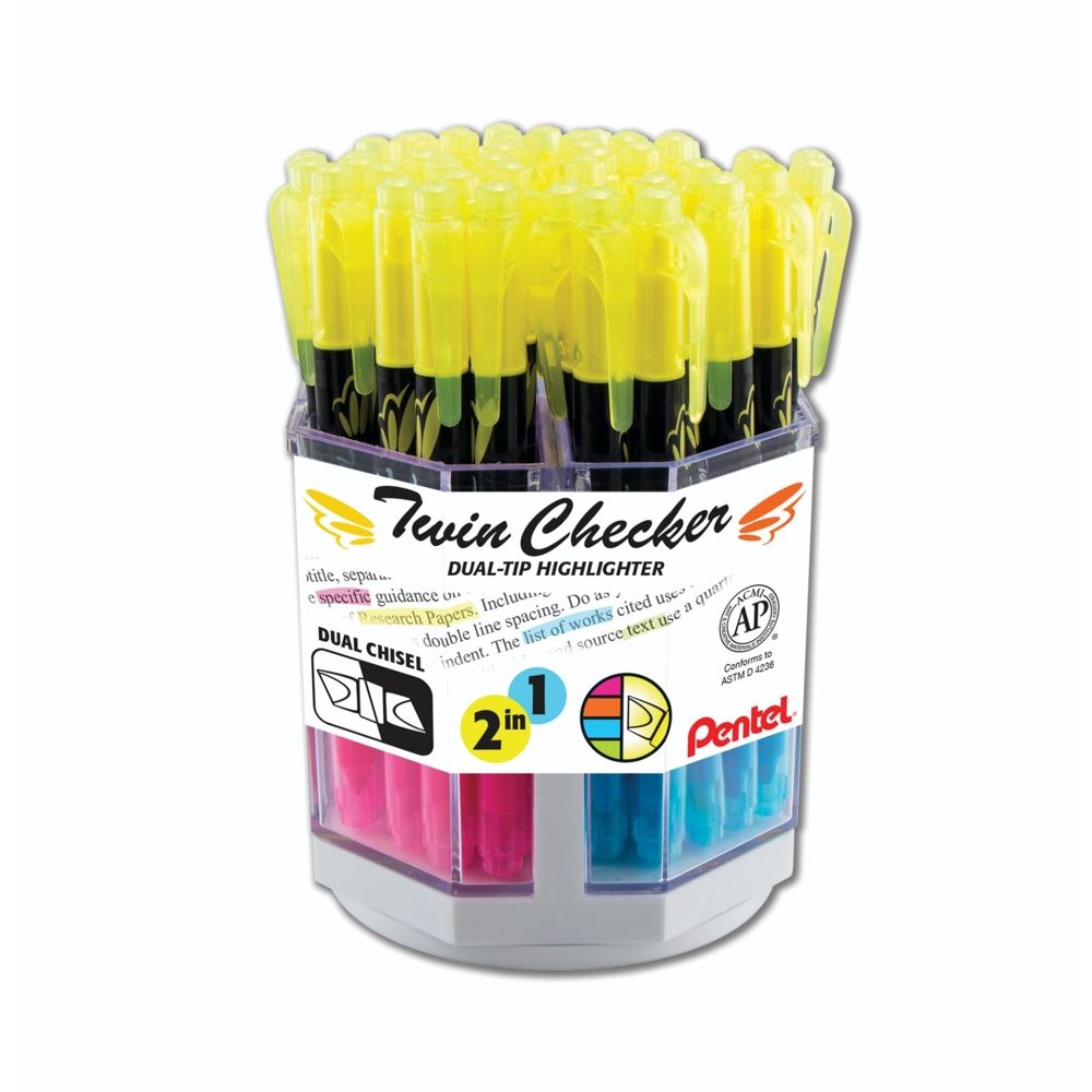 Pentel Twin Checker Dual-Tip Highlighter, Chisel Tip, Assorted Colors ...