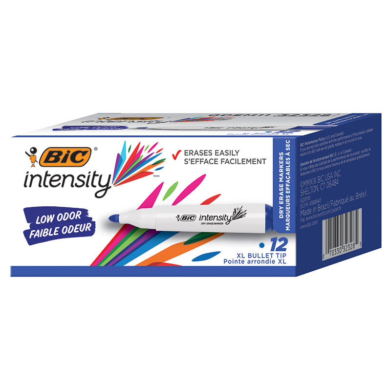 Bic Intensity Low Odor Dry Erase Marker Tank Bullet Tip, Blue, Dozen Box