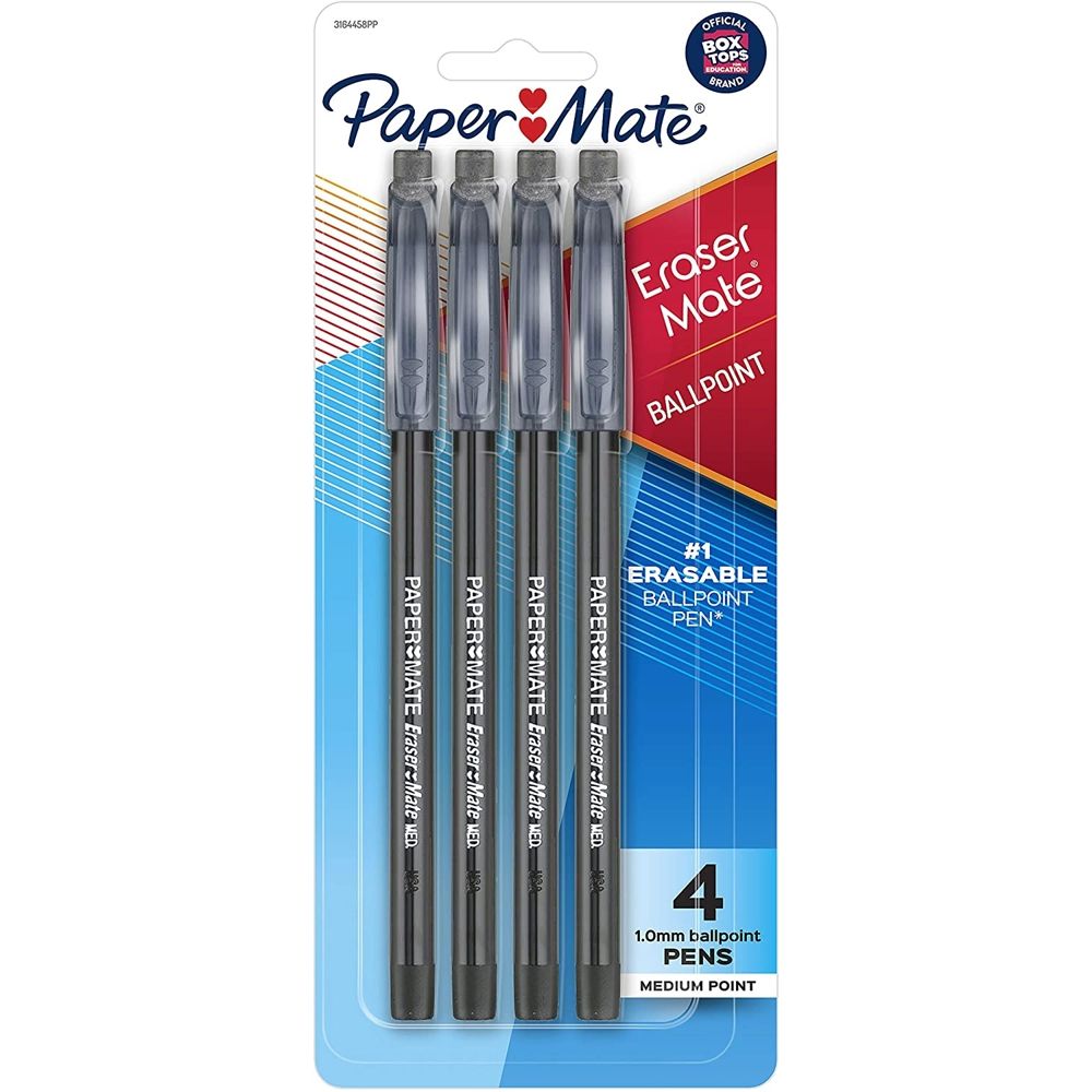 Paper Mate Erasermate Stick Medium Tip Ballpoint Pens, Black ink, 4/Pack