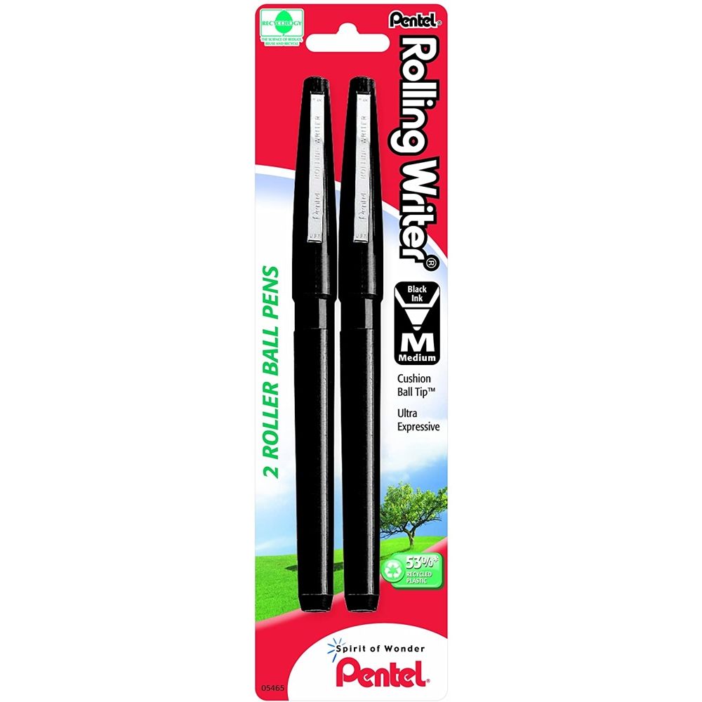 Pentel Rolling Writer Roller Ball Pen Medium Line, Black Ink 2-Pk 1 Ea