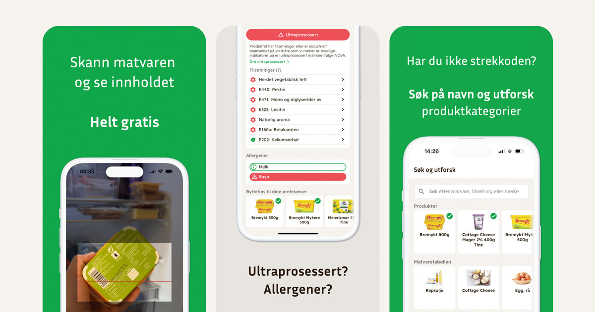 App for å oppdage ultraprosessert mat og allergener - Trygg Mat